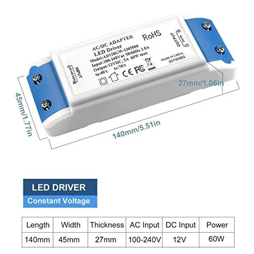 12V LED Driver 60W 5A LED Power Supply,240V AC to 12V DC Transformer ...
