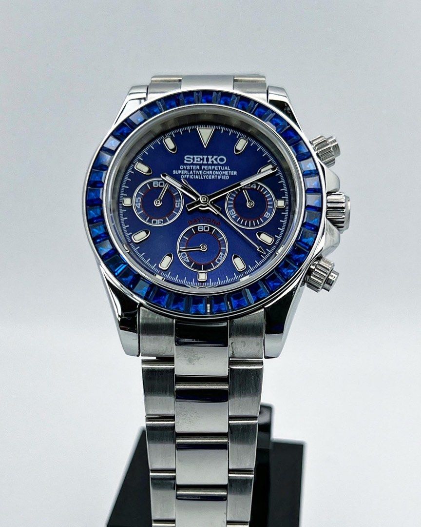 Custom Seiko Mod Blue Diamond Daytona Quartz Chronograph 40mm, Men's ...
