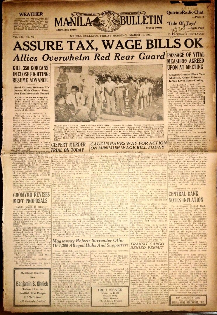(EXTREMELY RARE) 1951 Then Defense Secretary Ramon Magsaysay Newspaper ...