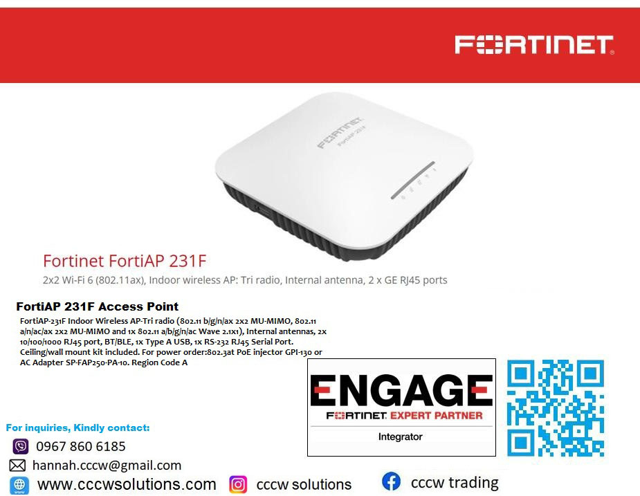 Fortinet FortiAP 231F 2x2 Wi-Fi 6 (802.11ax), Indoor wireless AP: Tri ...