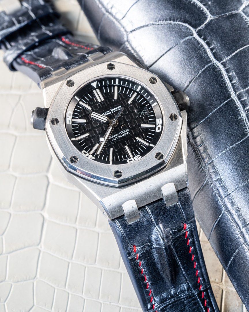 Handmade Hand-stitched Watch Strap in Metallic Black Crocodile For ...
