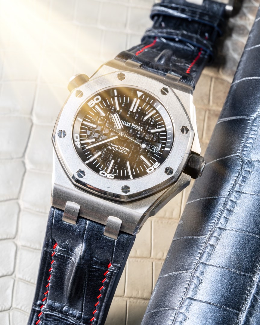 Handmade Hand-stitched Watch Strap in Metallic Black Crocodile For ...