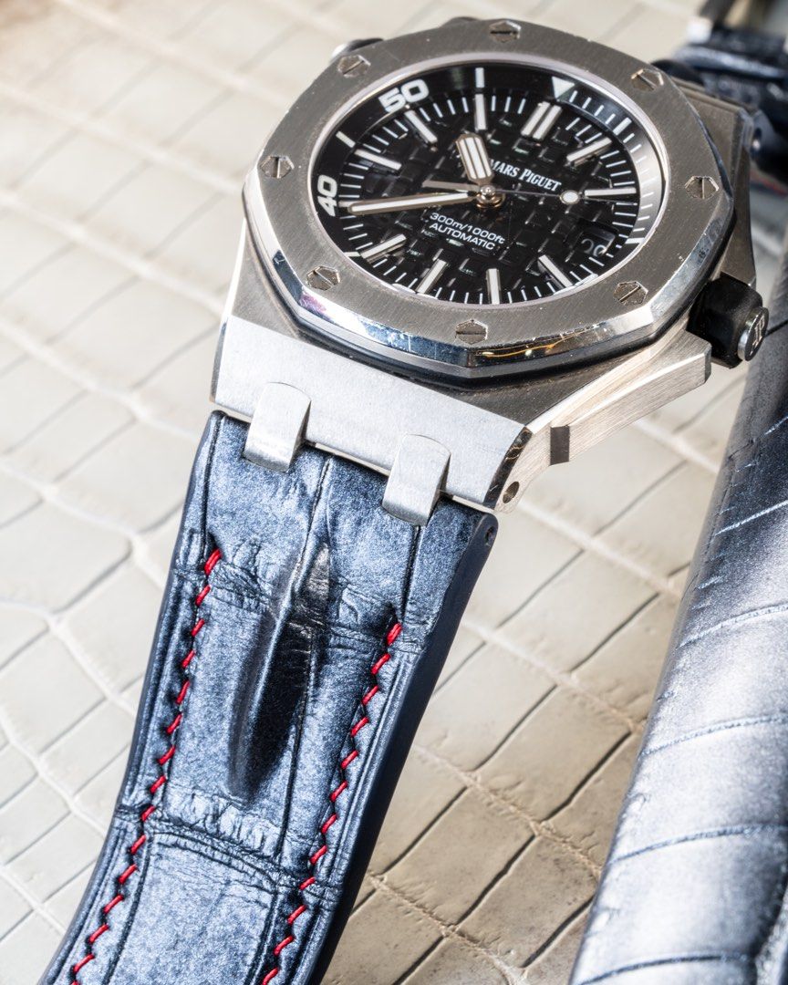 Handmade Hand-stitched Watch Strap in Metallic Black Crocodile For ...