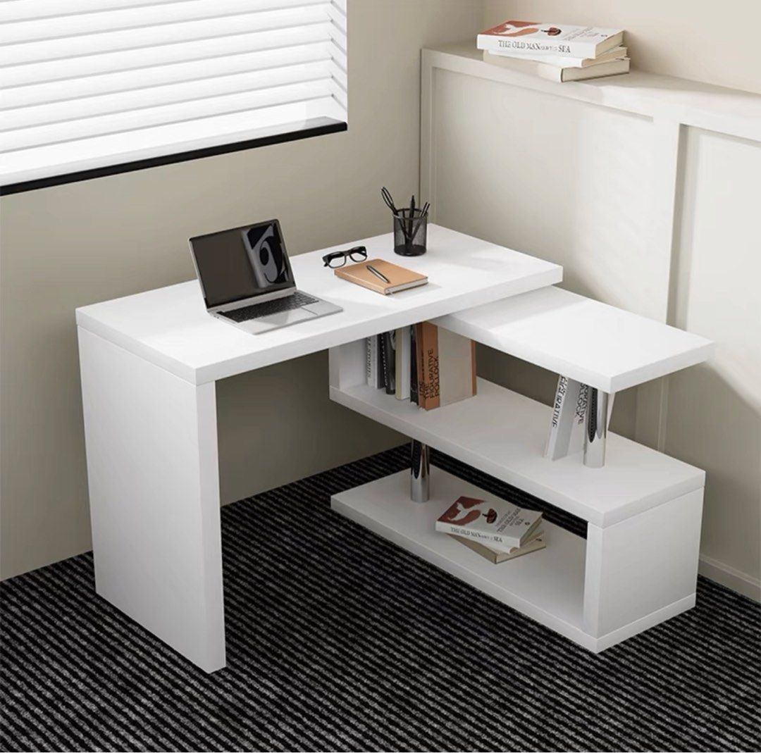 MILES Minimalist Rotatable White Work Desk with Shelving, Furniture ...