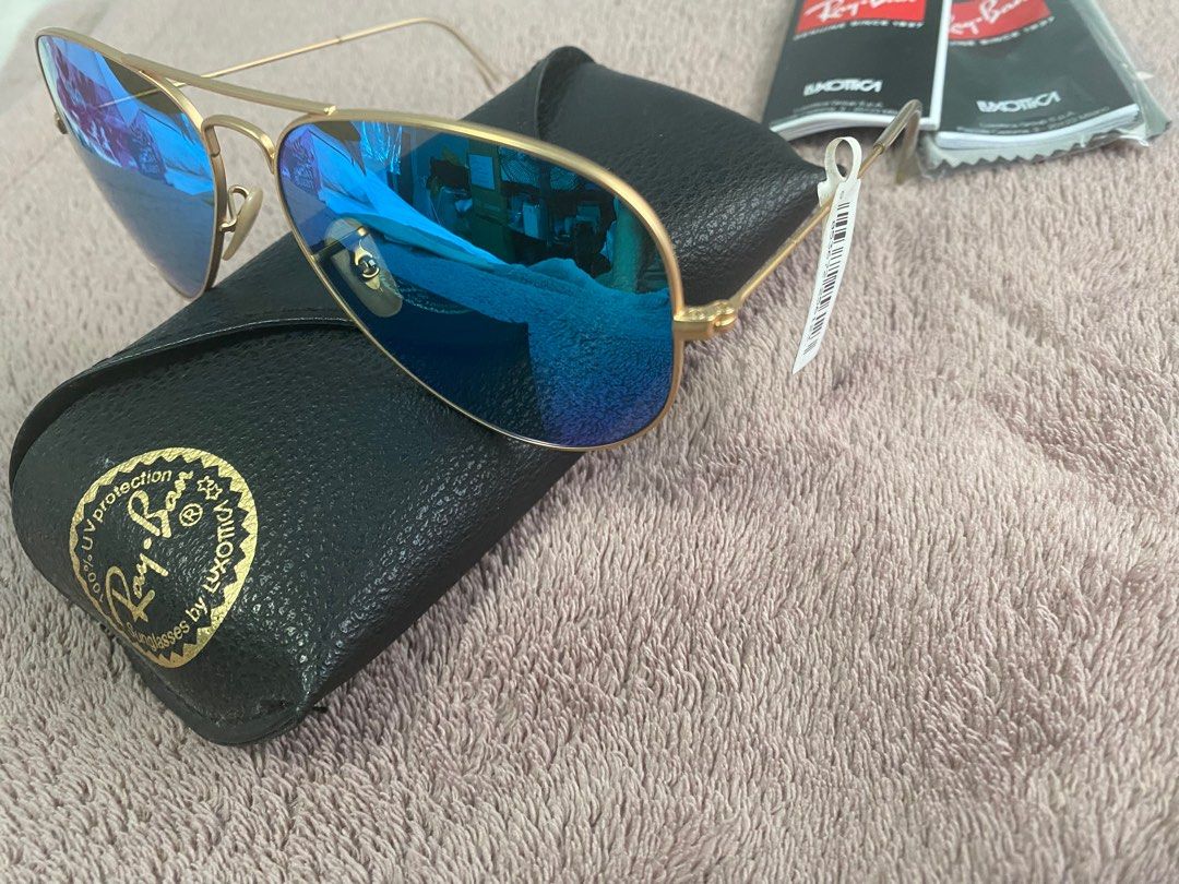 New - Ray Bans Aviator Blue reflective with matte gold rims, Women's ...
