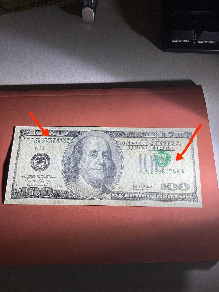 [Printing error - seal and series number shifted upright] 2001 $100 USA ...