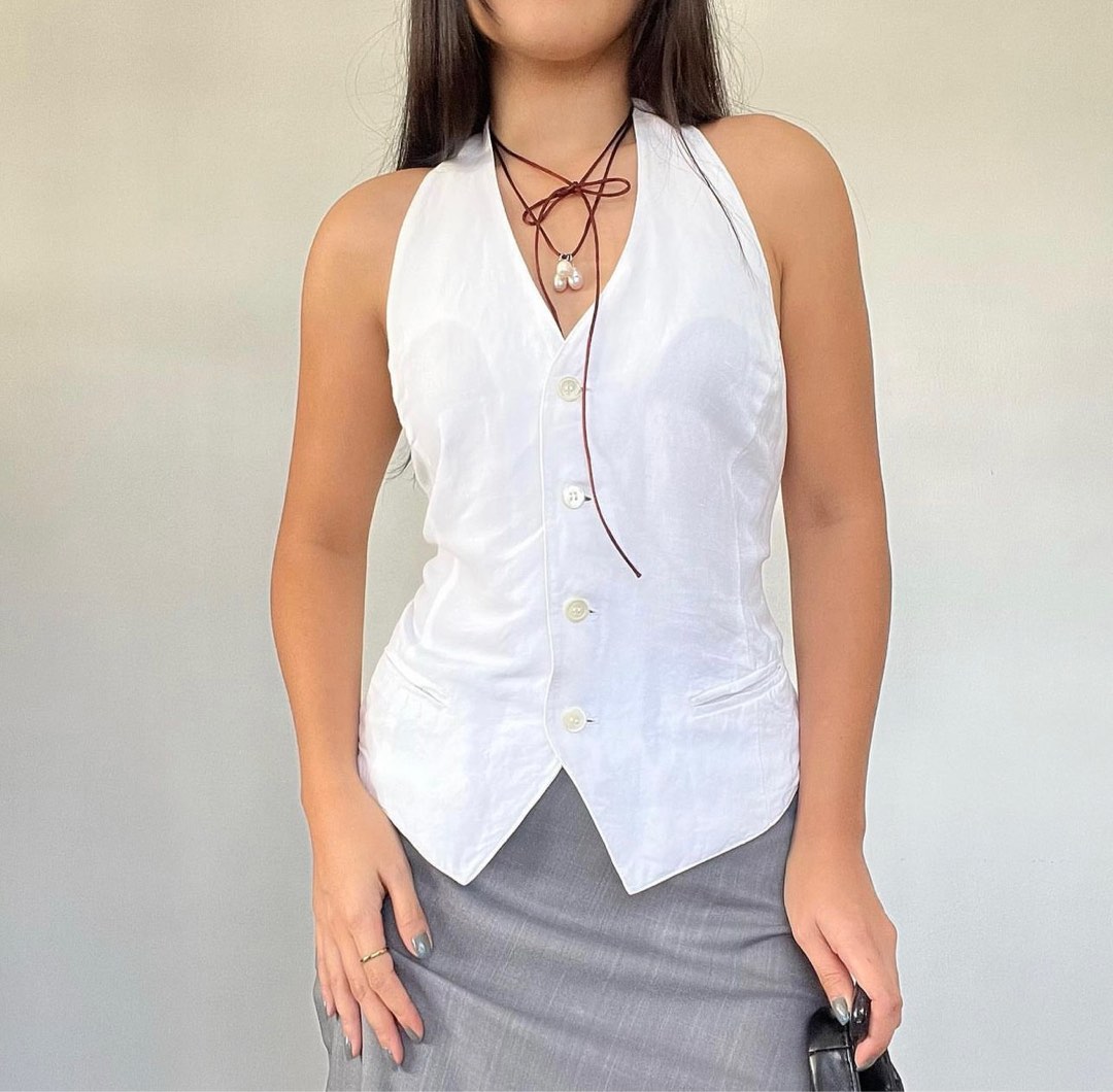 White Linen-Rayon Waistcoat / Vest, Women's Fashion, Tops, Sleeveless ...