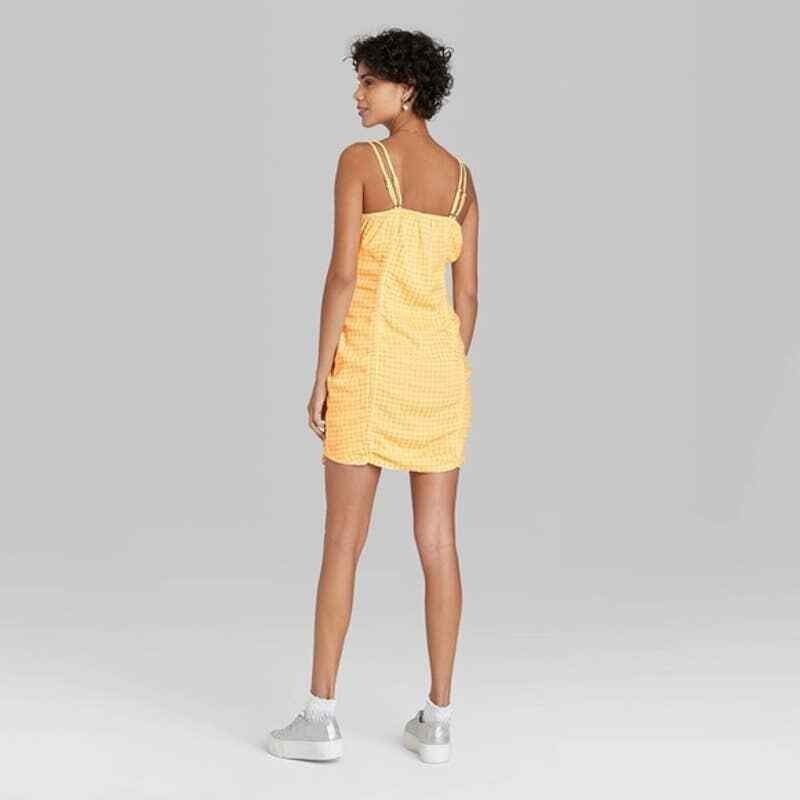 WILD FABLE Yellow Plaid Double Straps Ruched Dress, Women's Fashion ...