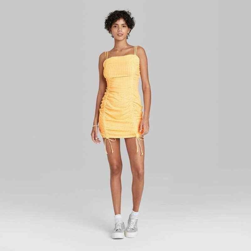 WILD FABLE Yellow Plaid Double Straps Ruched Dress, Women's Fashion ...