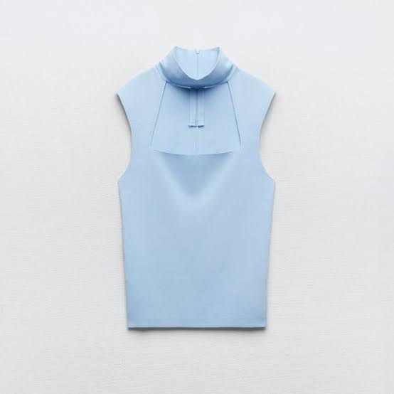 Zara light blue knit sleeveless choker turtle neck top, Women's Fashion ...