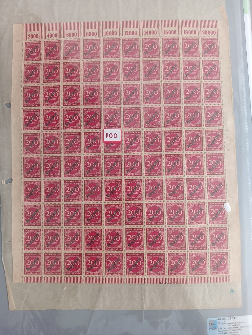 1923 GERMANY INFLATION ISSUES Full sheet . 200 Mark , 1 Million , 800 ...