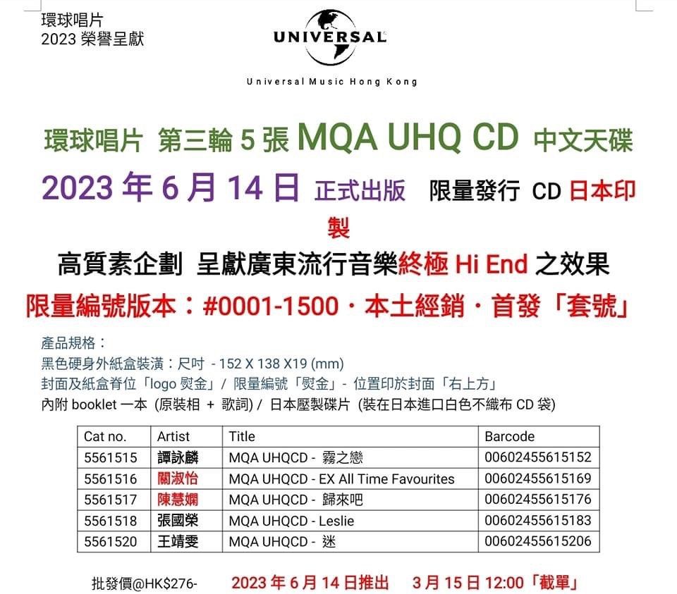 预订5款同号 陈慧娴 关淑怡 张国荣 王菲等 MQA-UHQCD 限量编号版, Hobbies & Toys, Music & Media, CDs & DVDs on Carousell