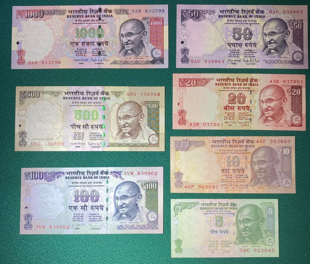 印度 India 5, 10, 20, 50, 100, 500, 1000 Rupees 7pcs full set ( Old ...