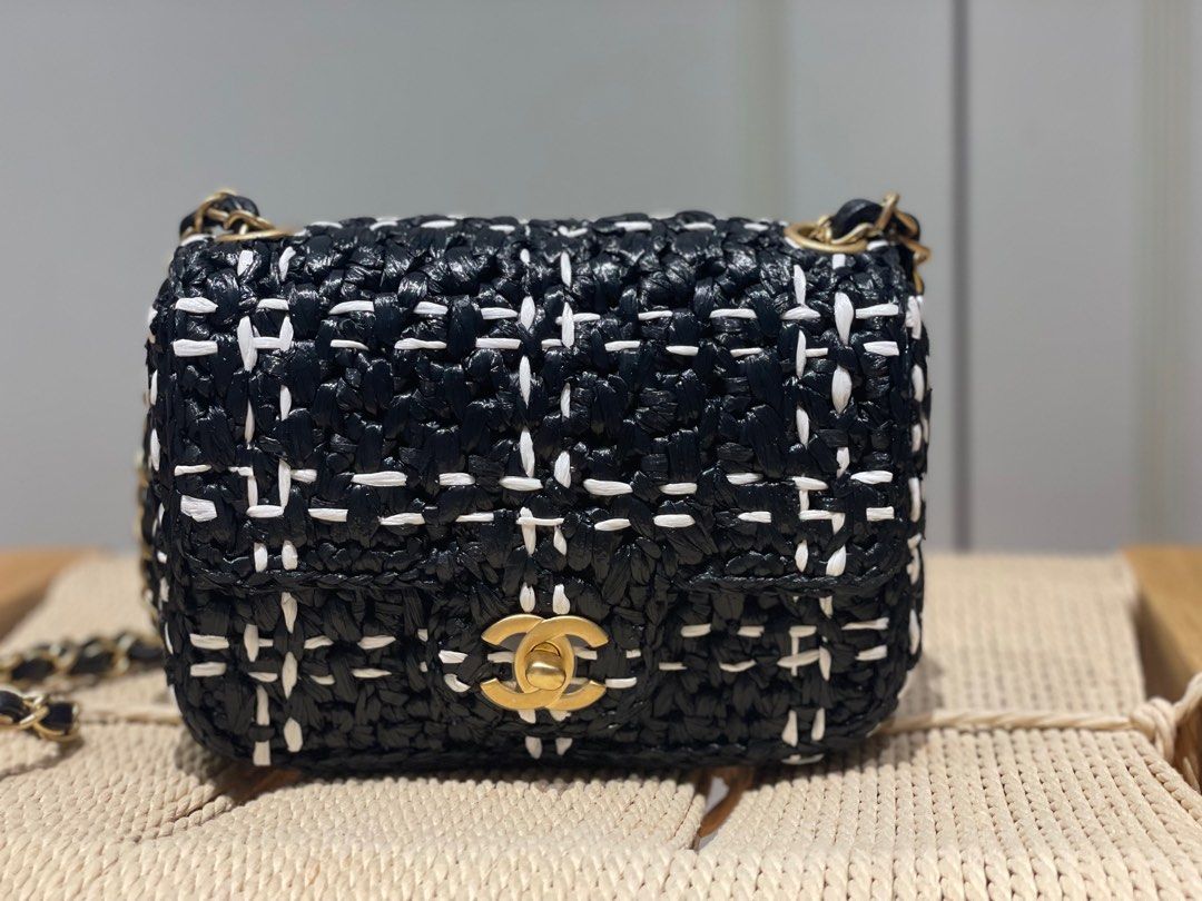 Chanel MINI FLAP BAG Raffia Effect Braided Tweed & Gold-Tone Metal ...
