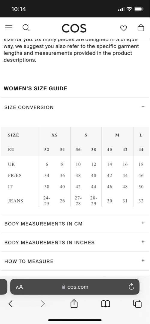 size chart cos