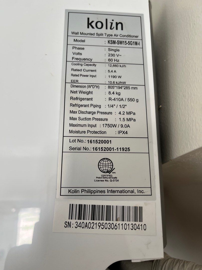 KOLIN SPLIT TYPE ACU 1.5 HP, TV & Home Appliances, Air Conditioning and ...