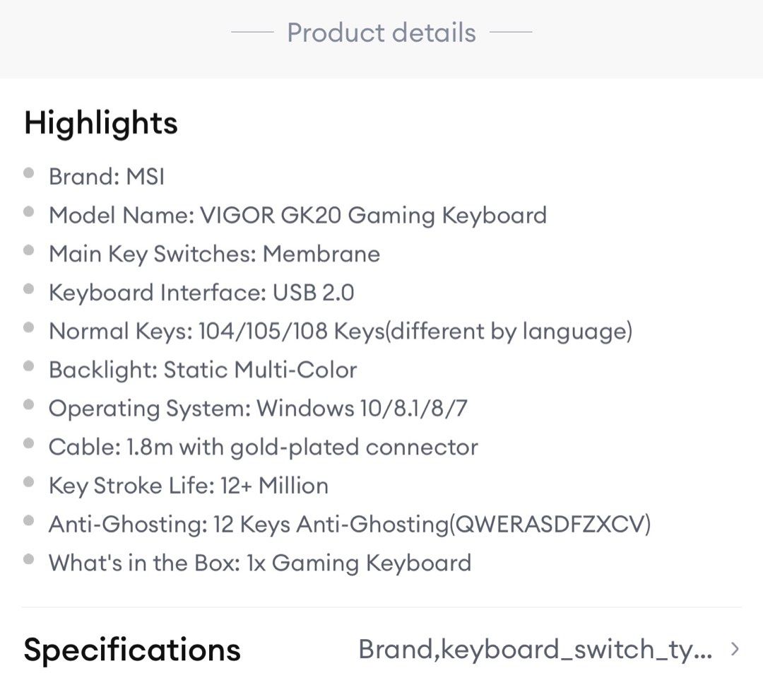 MSi VIGOR GK20 RGB Gaming Keyboard with Ergonomic Designed Keycaps ...