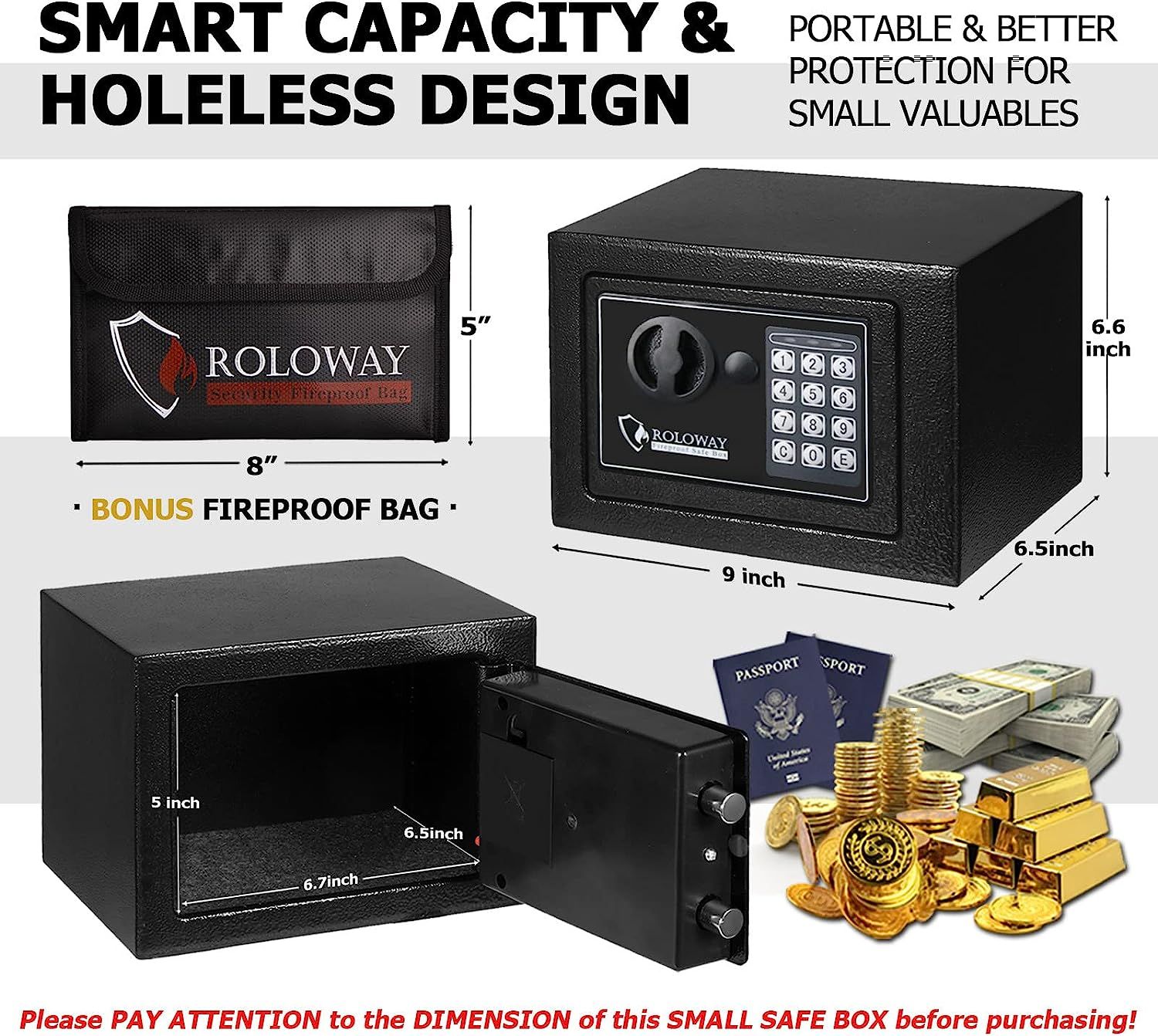 ROLOWAY Steel Money Safe Box for Home with Fireproof Money Bag for Cash ...