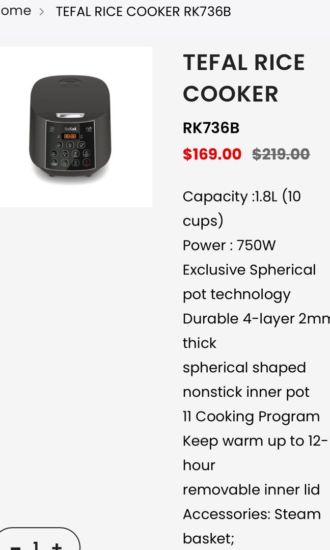 Tefal easy rice plus spherical pot rice cooker 1.8L, TV & Home ...