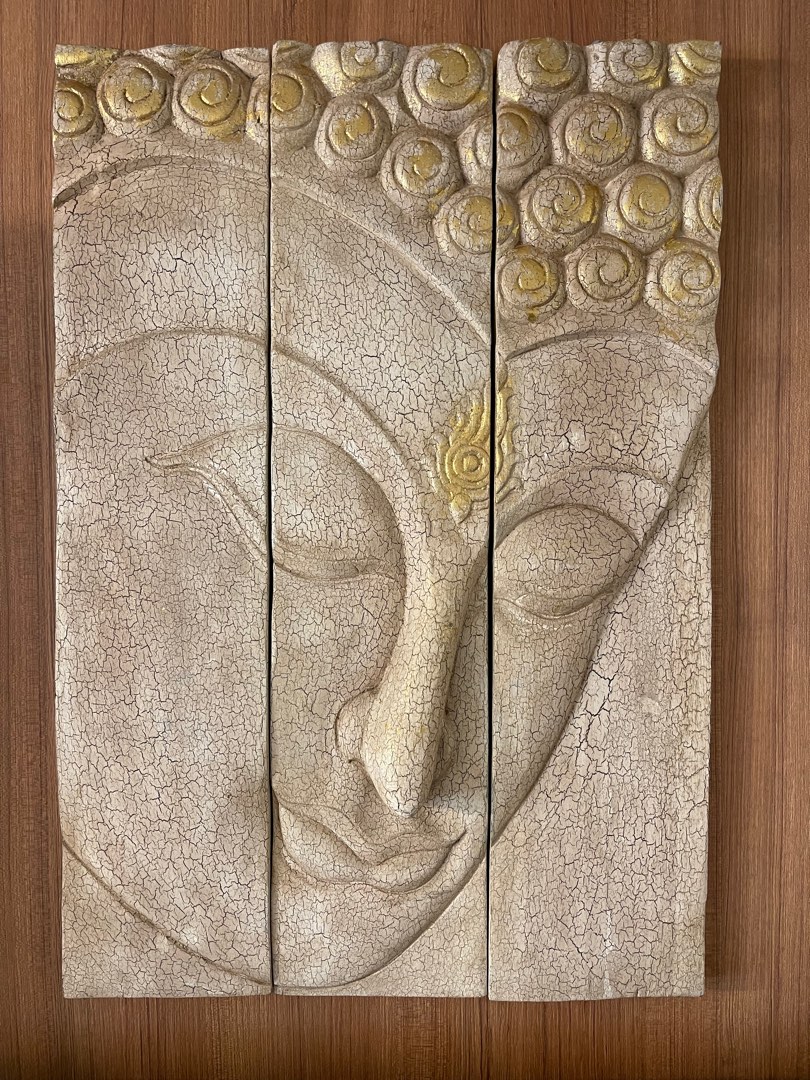 3 Panels Hand Crafted Solid Wood 3D Buddha Face Wall Display, Furniture ...
