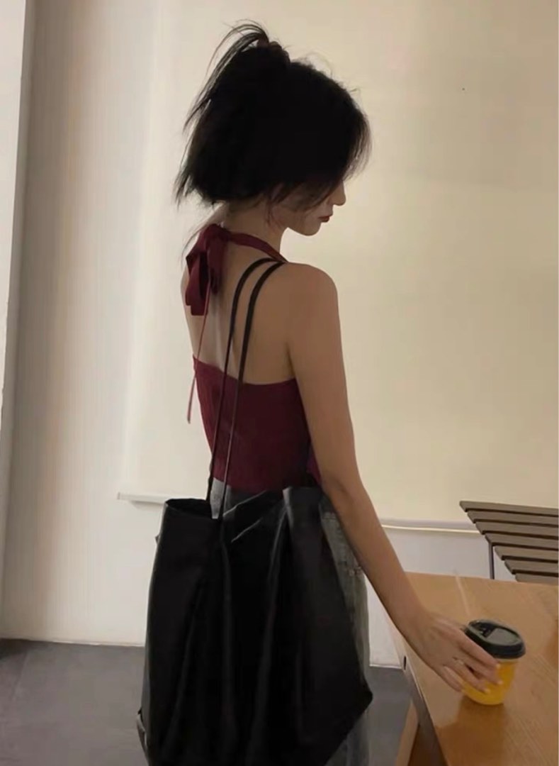 Backless dark red aesthetic vintage sleeveless top , Women's Fashion ...