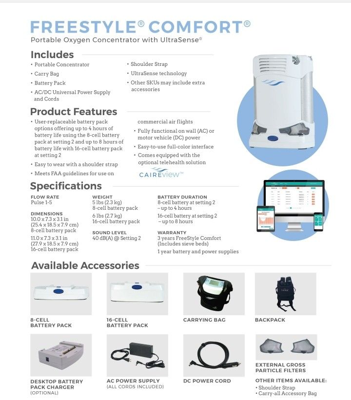 CAIRE Freestyle Comfort Portable Oxygen Concentrator, Health ...