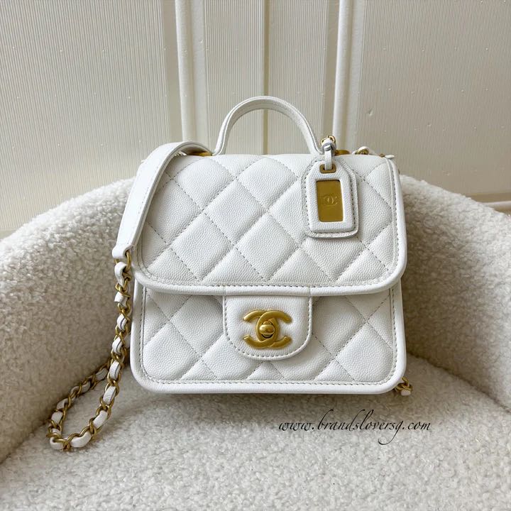 Chanel 22K Seasonal Flap with Top Handle in White Caviar AGHW, Luxury ...