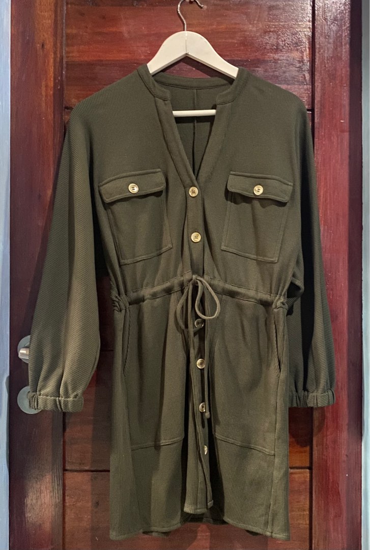 CHOISIR Waffle Flap Detail Knot Front Shirt Dress, Women's Fashion ...
