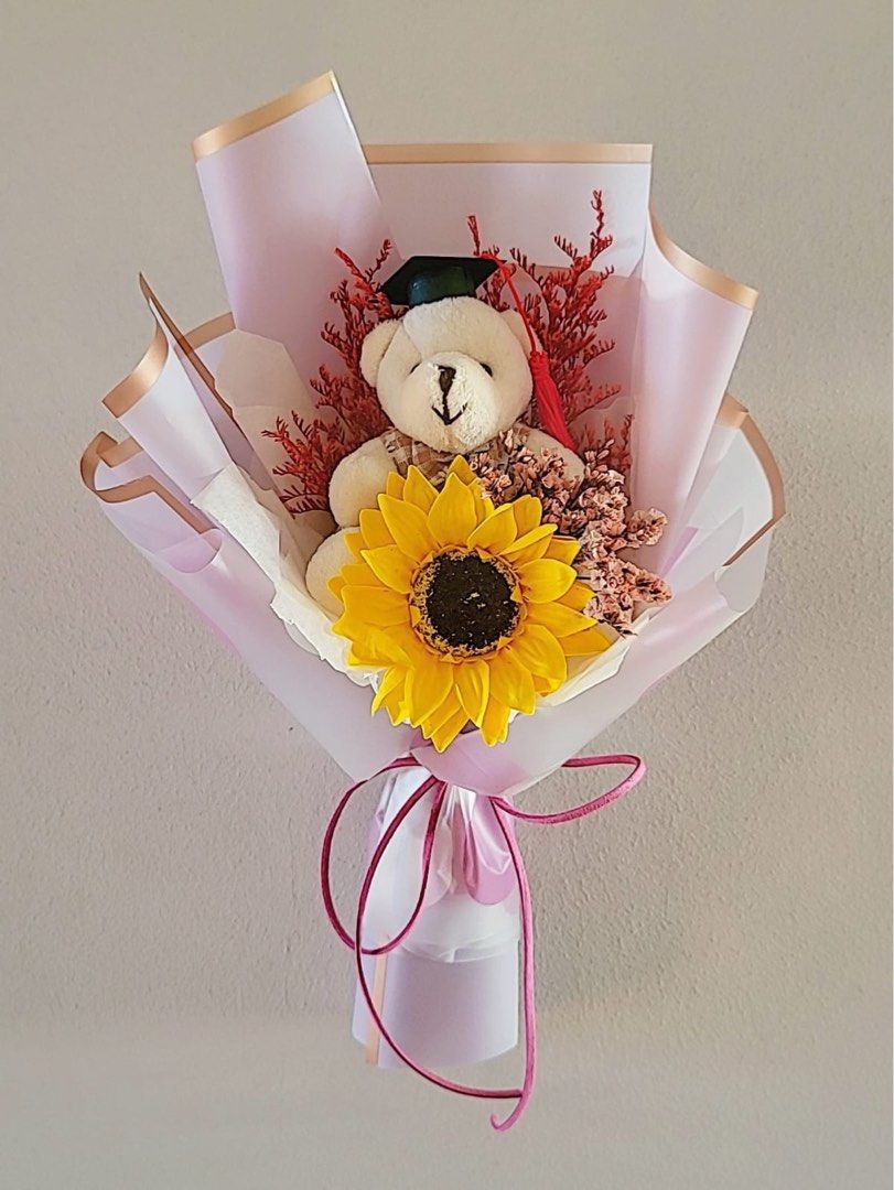 Graduation bear/Doraemon/ Hello Kitty with crochet flowers or soap ...