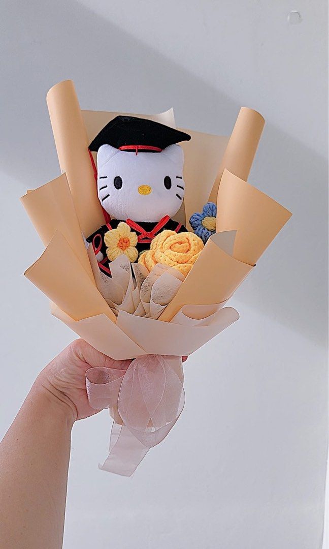 Graduation bear/Doraemon/ Hello Kitty with crochet flowers or soap ...