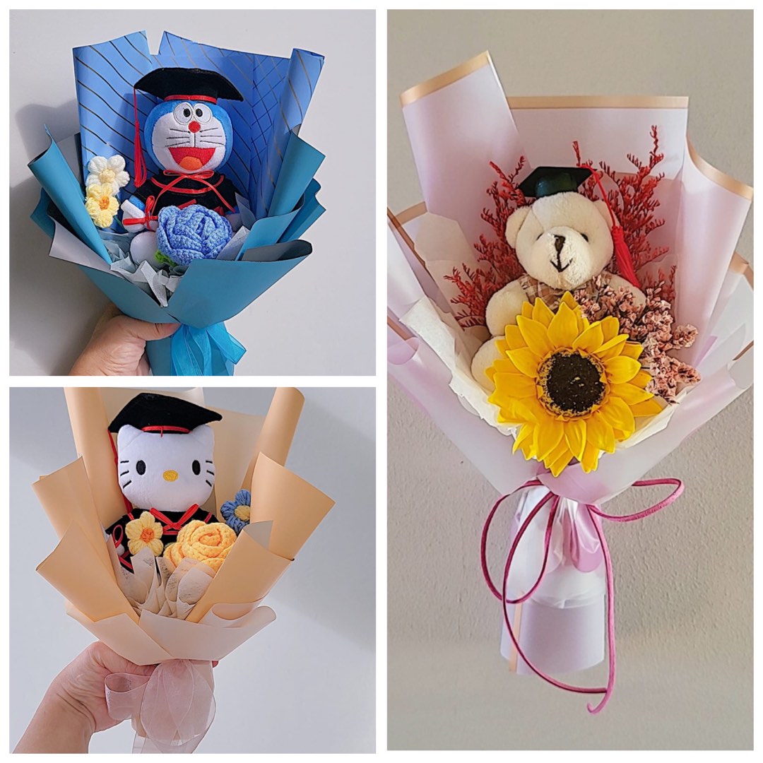 Graduation bear/Doraemon/ Hello Kitty with crochet flowers or soap ...