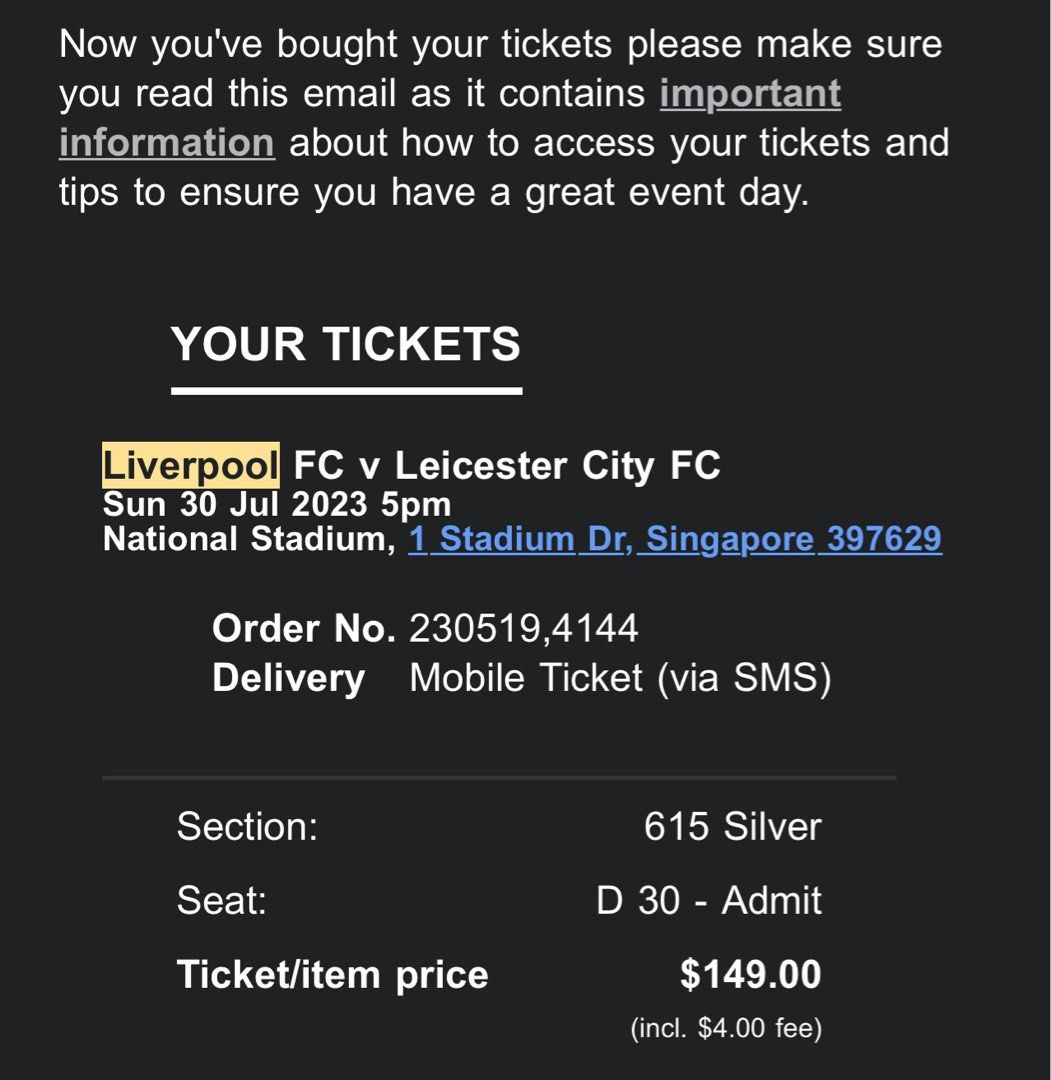 Liverpool VS Leicester - 30th Jul - Silver ticket, Tickets & Vouchers, Event Tickets on Carousell