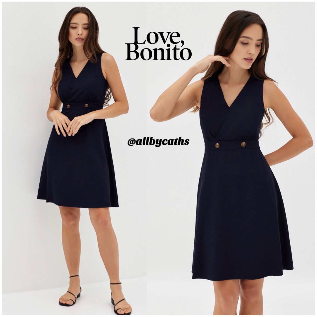 Love Bonito Fit & Flare Wrap Dress Dark Blue Navy Sleeveless V Neck A ...