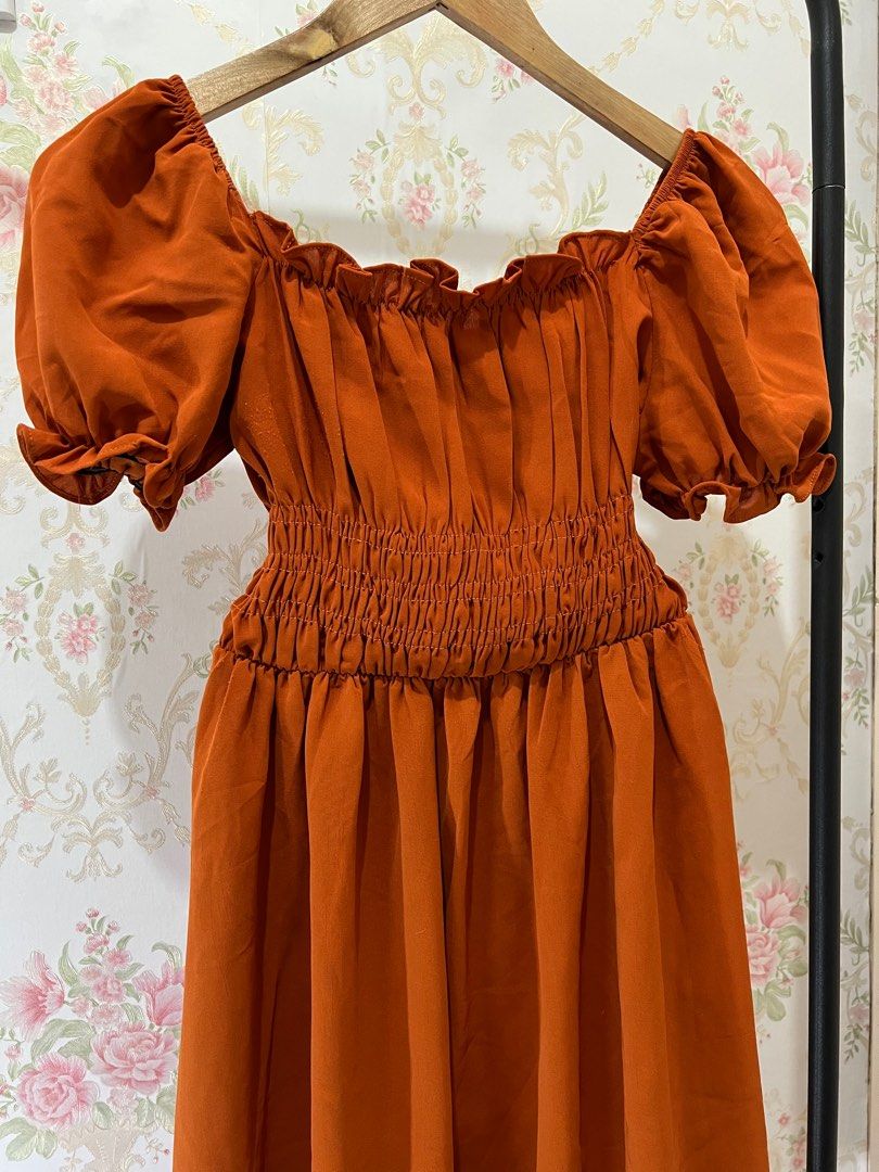 Terracotta / Burnt Orange Puff Sleeves Dress on Carousell