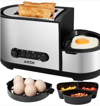 Aicok Toaster and Egg Maker, 5-in-1 Toaster, 2-Slice Toaster with Extra ...