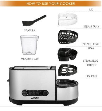 Aicok Toaster and Egg Maker, 5-in-1 Toaster, 2-Slice Toaster with Extra ...