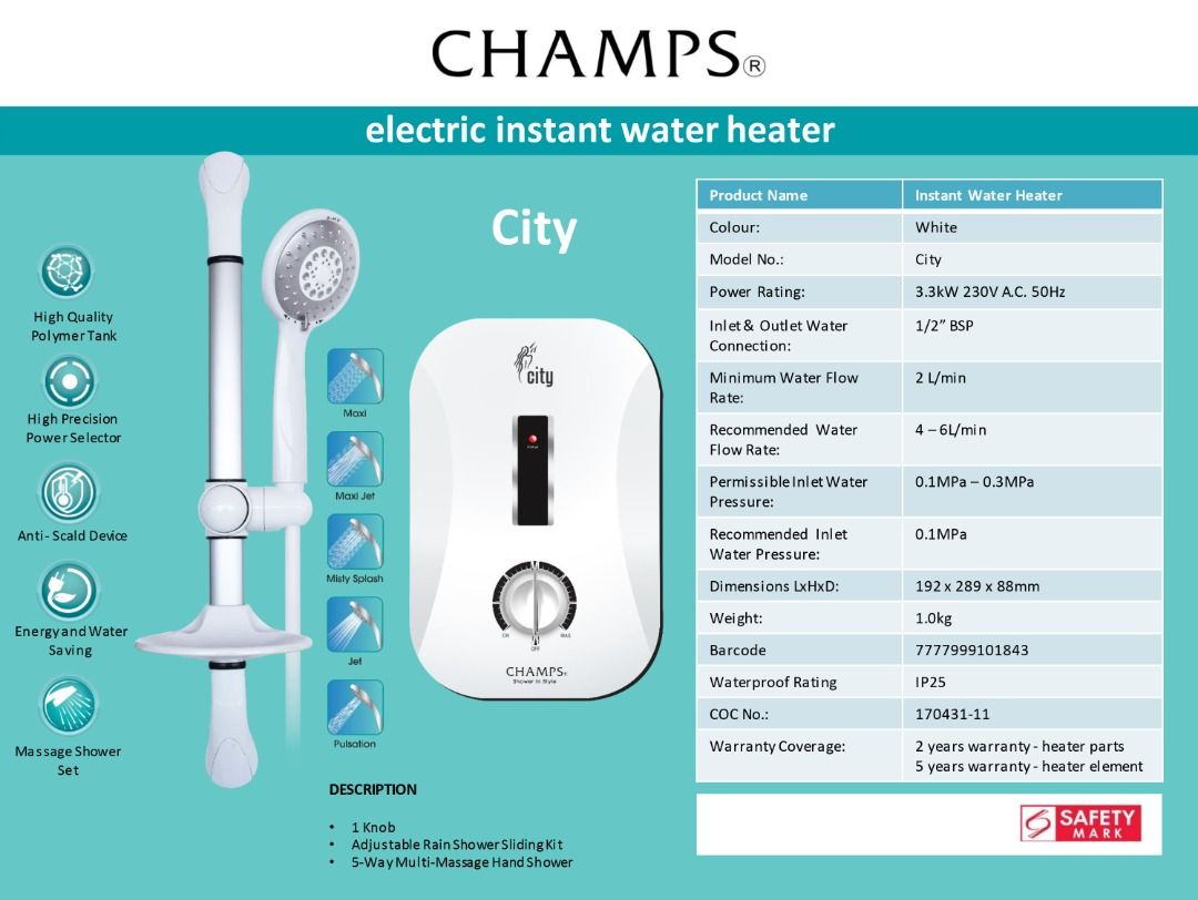 Champs City Instant Water Heater with Shower Holder Set, TV & Home ...