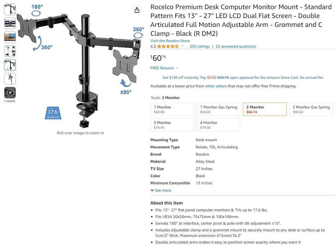 Computer Monitor Mount (dual screens) - Standard Pattern Fits 13" - 27 ...