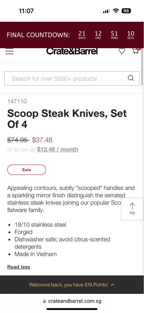 Crate and Barrel Scoop steak knives set of 4, Furniture & Home Living ...