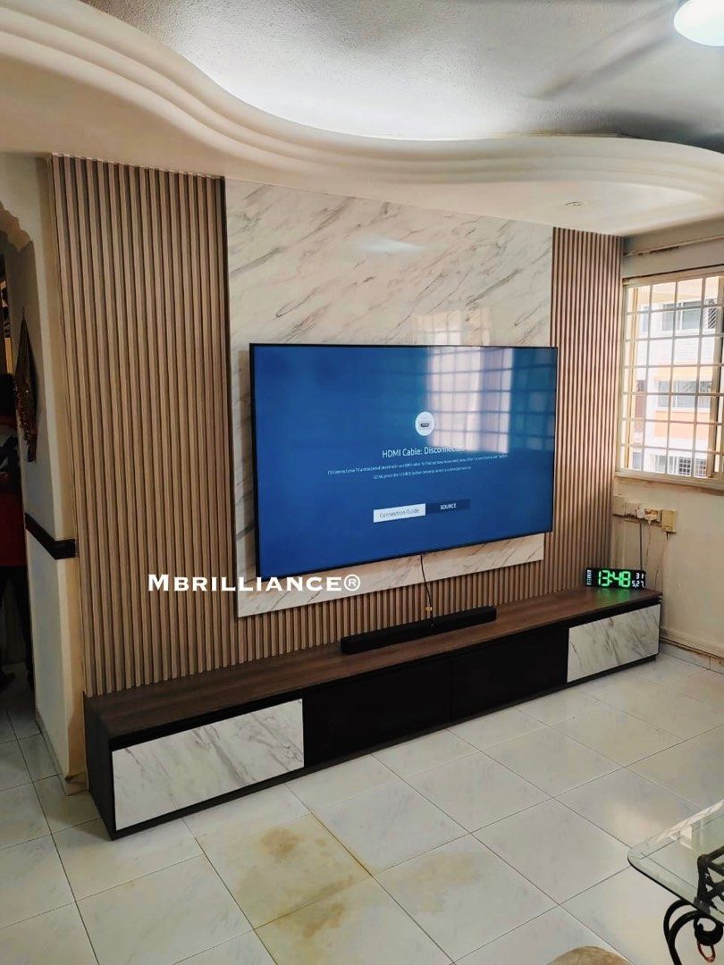 Full height fluted panels tv console feature wall with storage cabinet ...