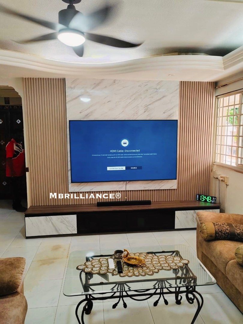 Full height fluted panels tv console feature wall with storage cabinet ...