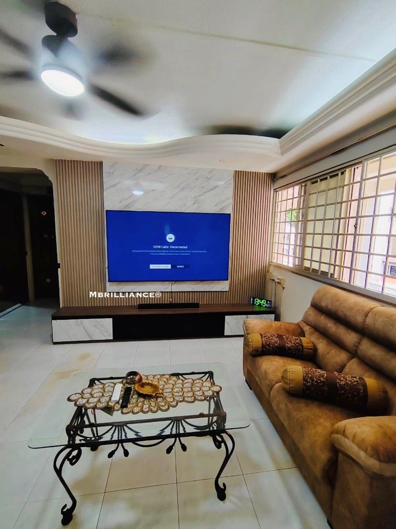 Full height fluted panels tv console feature wall with storage cabinet ...