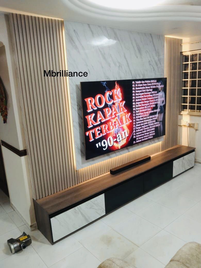 Full height fluted panels tv console feature wall with storage cabinet ...