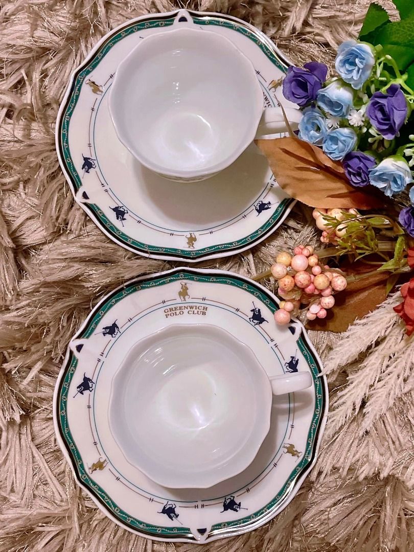 GREENWICH POLO CLUB TRADITION Emerald Green Trim White Porcelain Cups ...