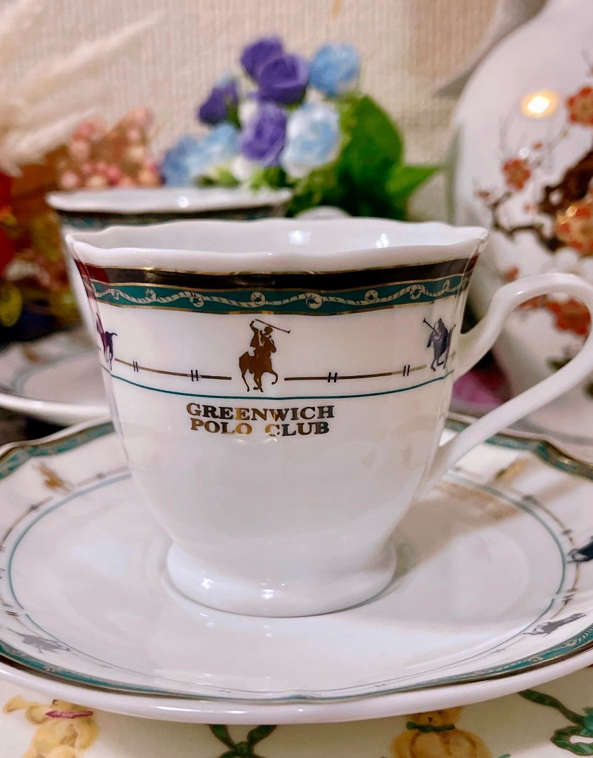 GREENWICH POLO CLUB TRADITION Emerald Green Trim White Porcelain Cups ...