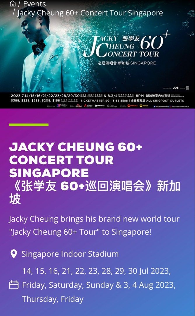 Jacky Cheung 60+ Concert Tour Singapore, Tickets & Vouchers, Event Tickets on Carousell