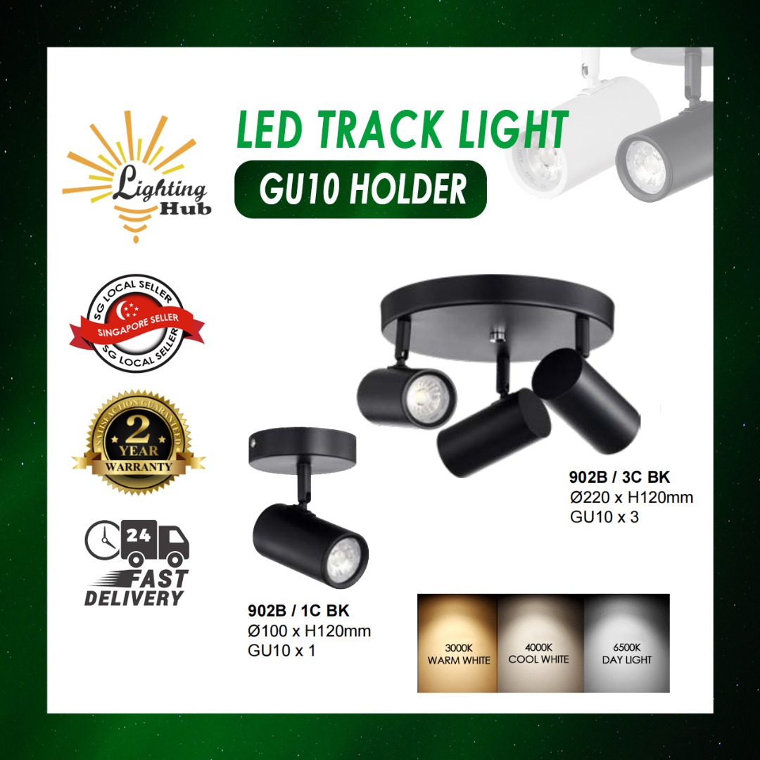 LED Track light GU10 Holder (SINGLE/ TRIPLE) - (BLACK/ WHITE)- (3000K ...