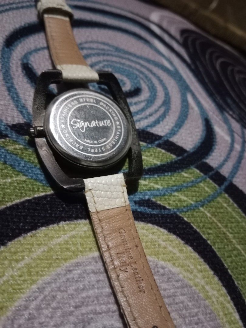 Original SIGNATURE Ladies Watch Unique Shaped Face White Leather Strap ...