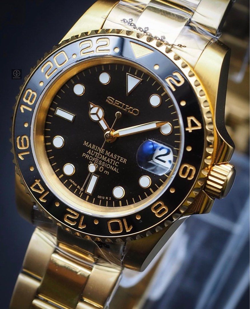 SEIKO MOD FULL GOLD GMT MASTER BLACK 40MM, Men's Fashion, Watches ...