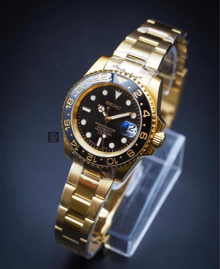 SEIKO MOD FULL GOLD GMT MASTER BLACK 40MM, Men's Fashion, Watches ...